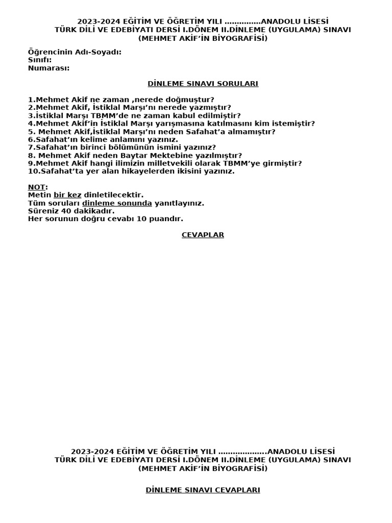 Mehmet Aki̇f Bi̇yografi̇si̇di̇nleme (Uygulama) Sinavi Sorulari 2 | PDF