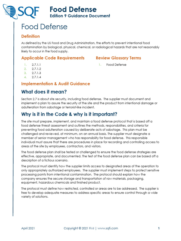 Food Defense Guidance Document | PDF | Safety