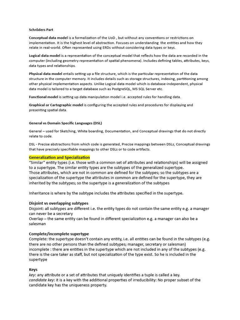 DB Lectures Summary | PDF | Data Model | Conceptual Model