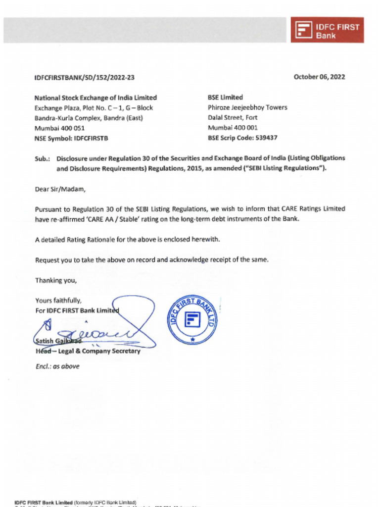 IDFCFIRSTB Credit Rating CARE SD | PDF | Banks | Loans