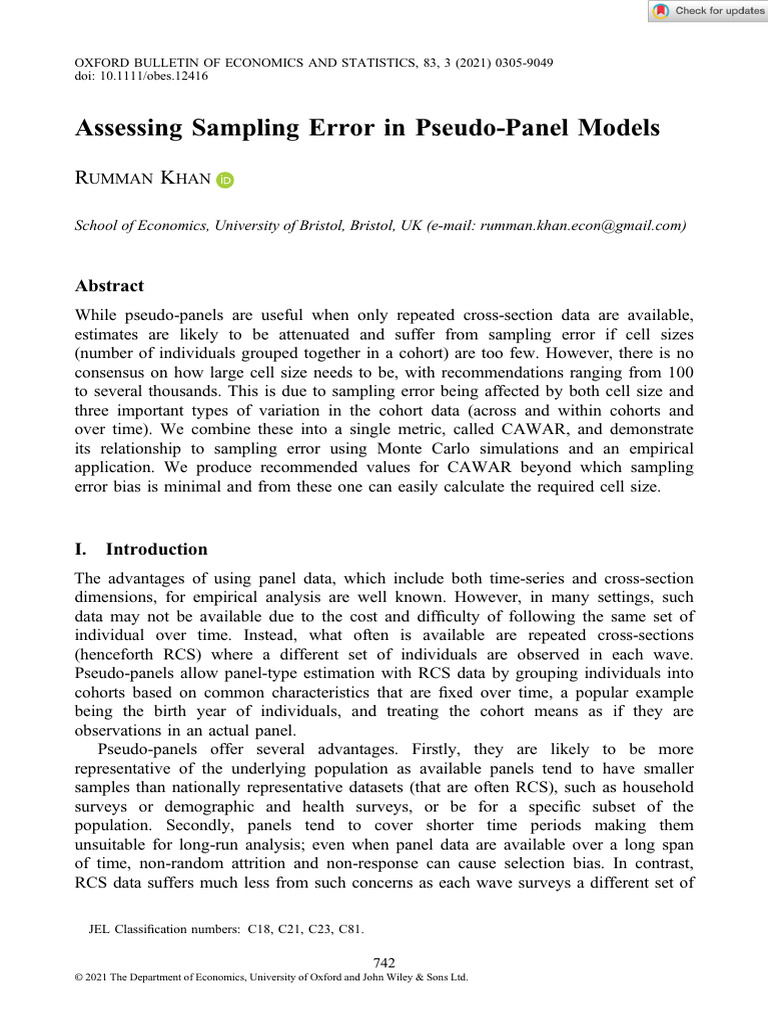 Oxf Bull Econ Stat - 2021 - Khan - Assessing Sampling Error in Pseudo Panel Models | PDF ...