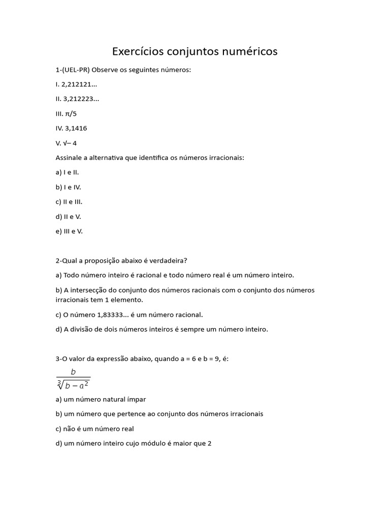 Exercícios Conjuntos Numéricos | PDF | Números | Número racional
