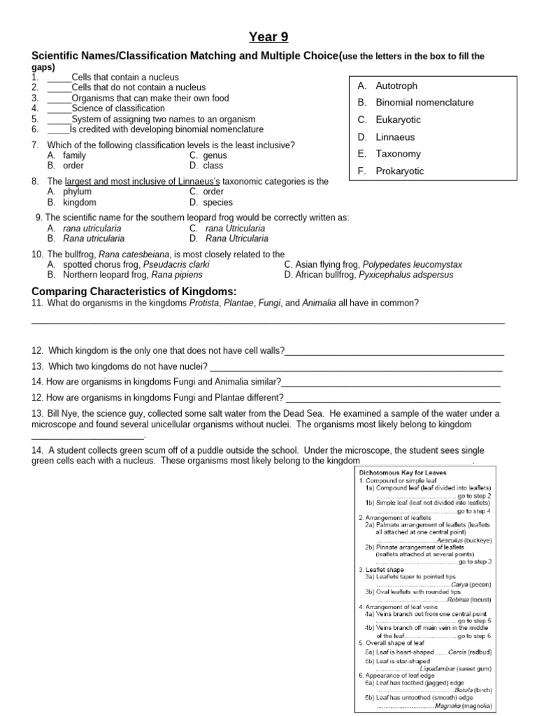 year 9 test | PDF | Organisms | Biological Classification