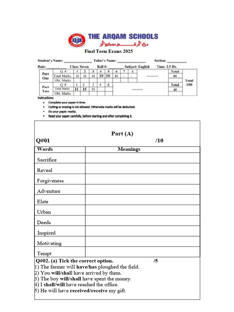 Class 7th Eng FT Paper | PDF