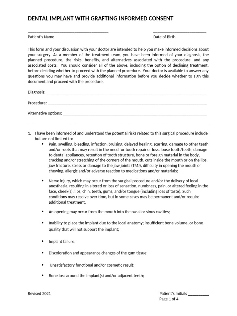 Dental Implant With Grafting Informed Consent | PDF | Dental Implant ...