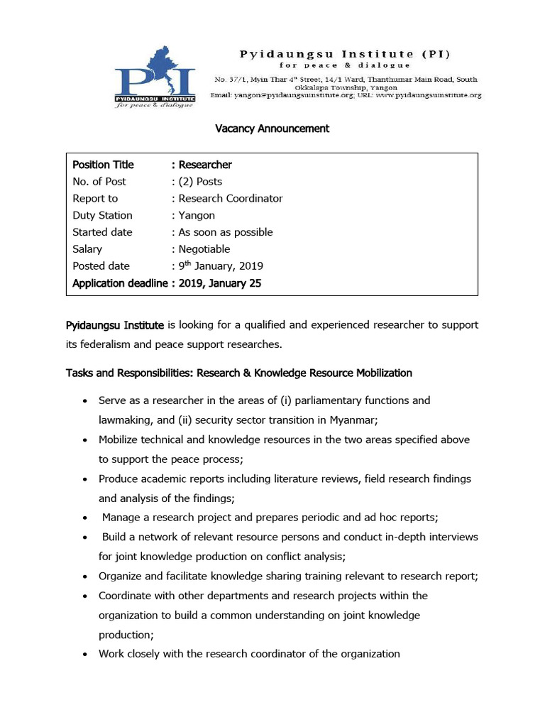 Researcher Vacancy at Pyidaungsu Institute | PDF | Cognition