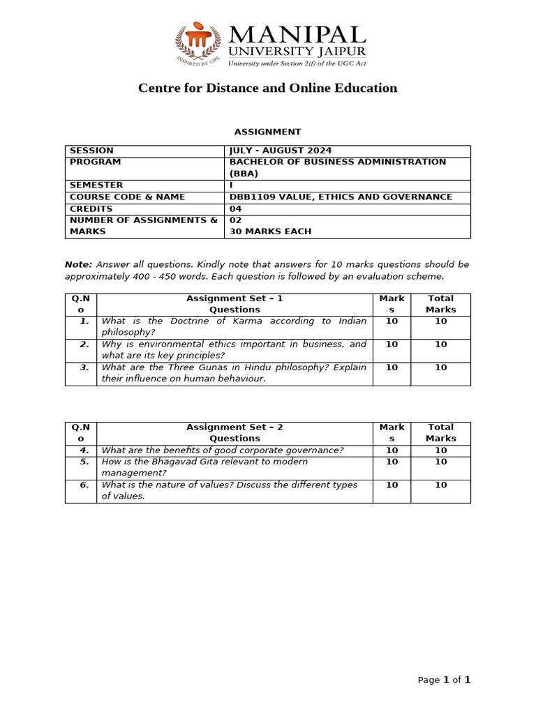 Assignment - DBB1109 - BBA 1 - Set1 and 2 - Jul-Aug - 2024 | PDF