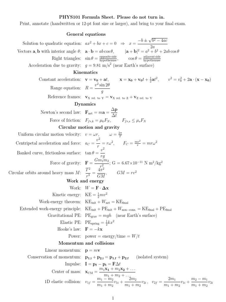 Phys101_formula_sheet | PDF | Acceleration | Force