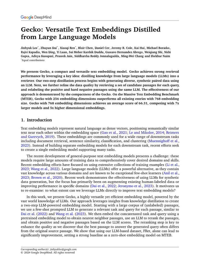 Gecko: Versatile Text Embeddings Distilled From Large Language Models | PDF | Information ...