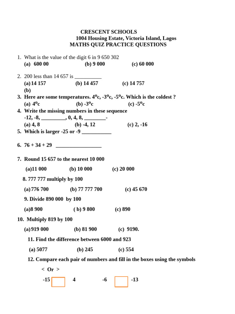 Year 3 Maths Quiz Practice Questions | PDF | Numbers | Prime Number