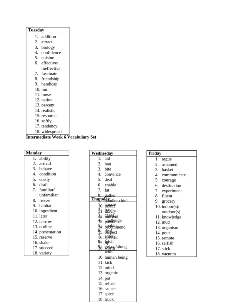 Intermediate Week 6 Vocabulary Set | PDF
