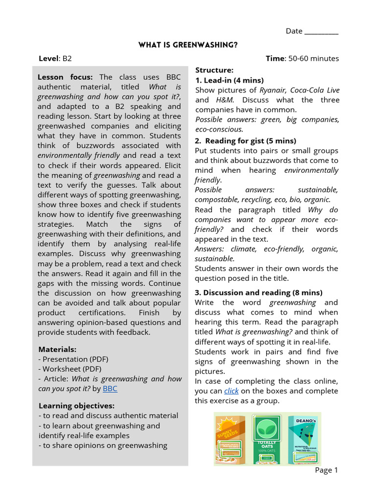 Greenwashing: Lesson Plan for B2 Learners | PDF