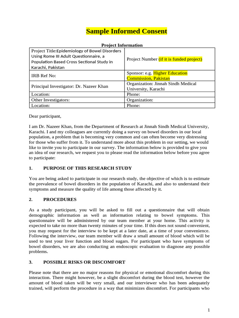 Informed Consent for Bowel Disorder Study | PDF | Endoscopy | Clinical ...