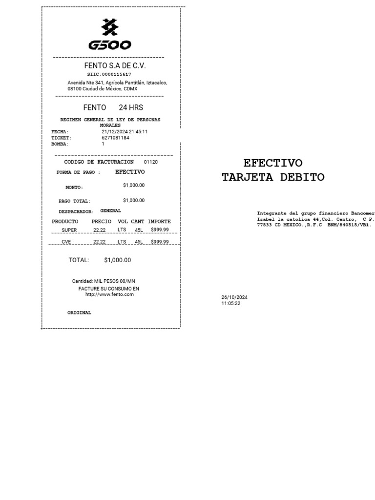 Ticket de Gasolina G500 para Factura | PDF