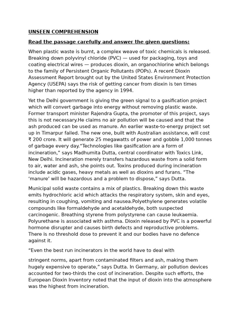 Workseet On Unseen Comprehension | PDF | Incineration | Municipal Solid ...