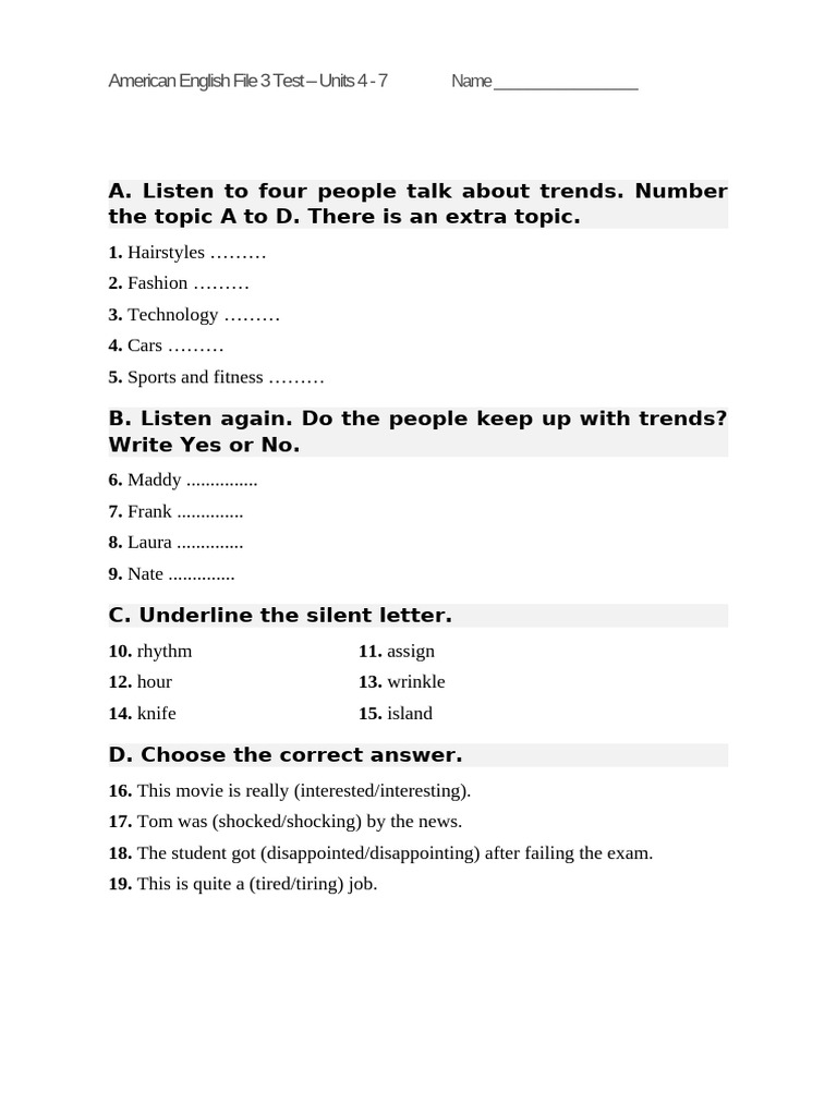American English File 3 Test - Units 4-7 | PDF | Proverb | Rhyme