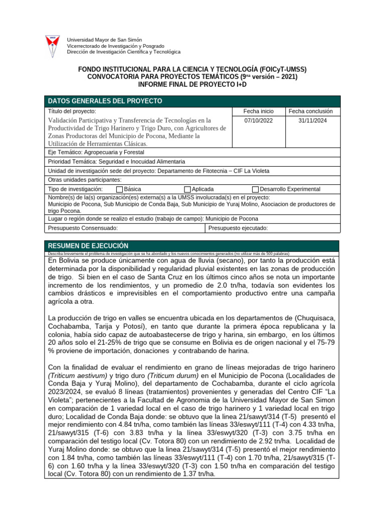 Informe Final Proy Trigo - PT09AL002 - Cierre - 2024 | PDF | Trigo | Agricultura