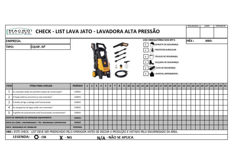 Checklist Lavadora Alta Pressao Vap | PDF
