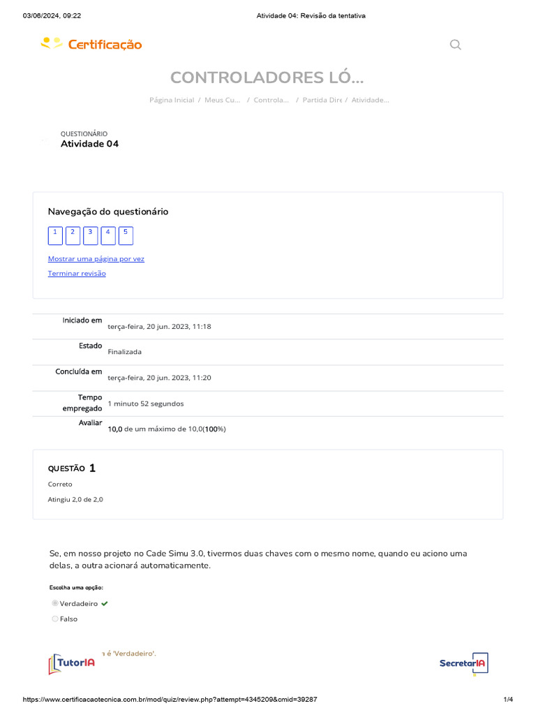 Atividade 04 - Revisão Da Tentativa | PDF | Controlador lógico programável | Engenharia Elétrica