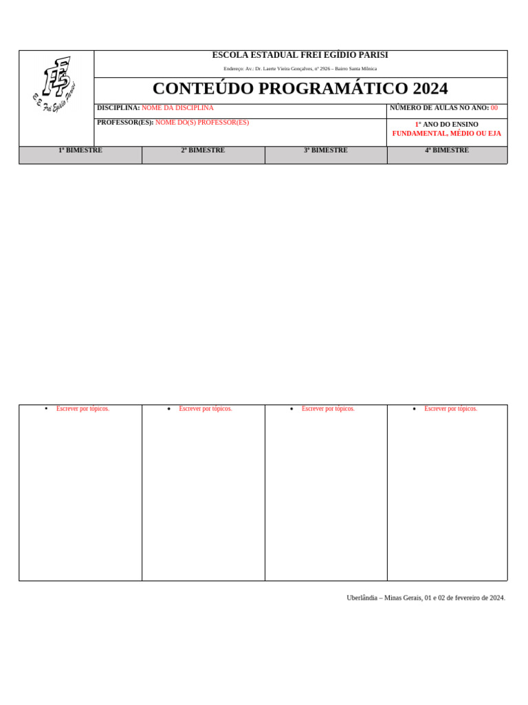 Modelo Do Conteúdo Programático Dos Professores | PDF
