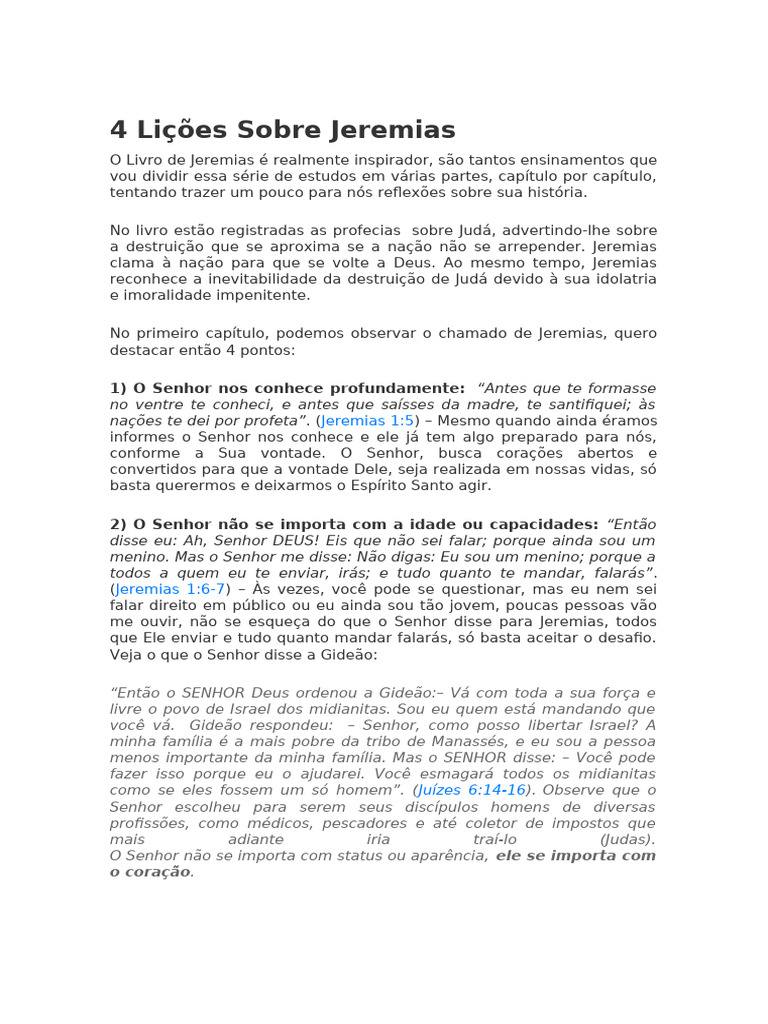 4 Lições Inspiradoras de Jeremias | PDF | Graça no cristianismo | Jeremias