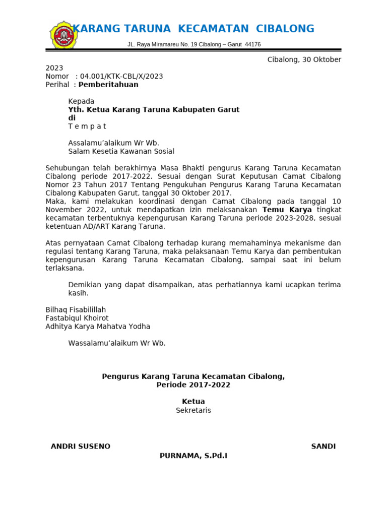Surat Karang Taruna Pemberitahuan | PDF