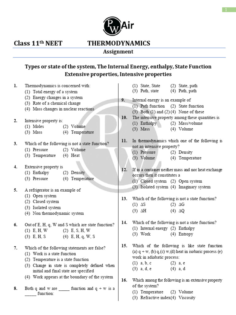 Thermodynamics Concepts for Class 11 | PDF | Heat | Enthalpy