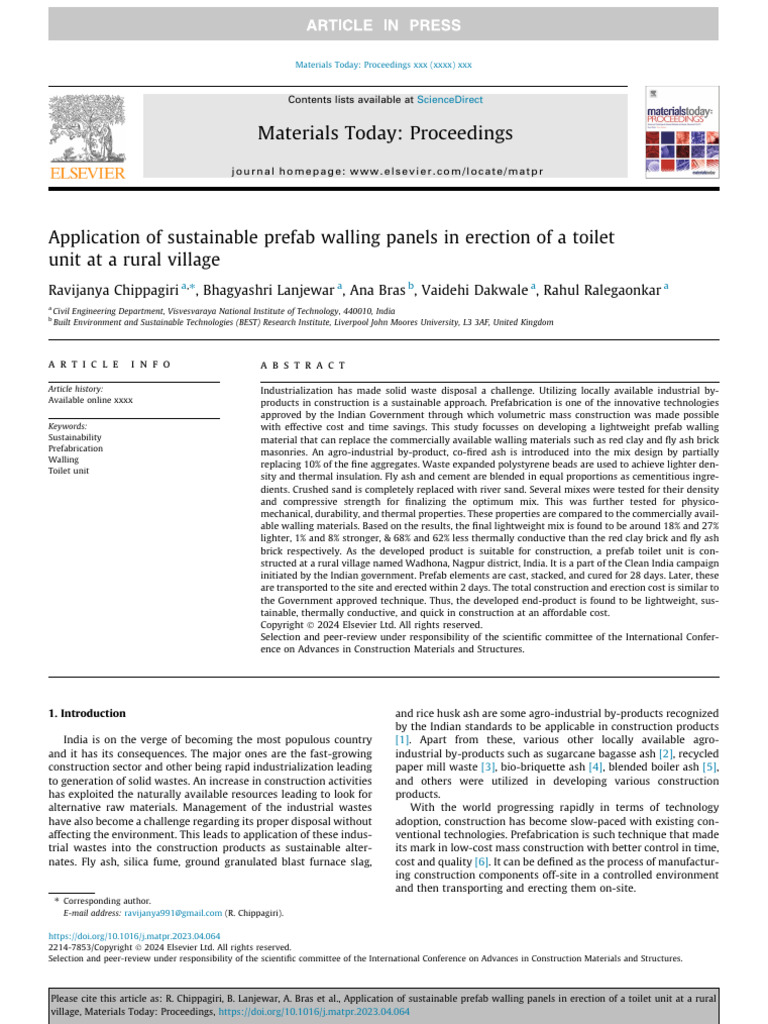 Application of sustainable prefab walling panels in erection of a toilet unit at a rural village ...