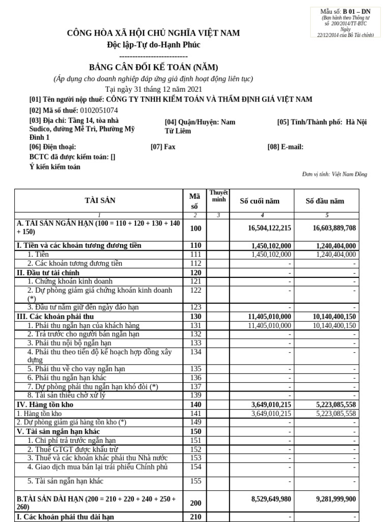 2021 bctc-CÔNG TY TNHH KIỂM TOÁN VÀ THẨM ĐỊNH GIÁ VIỆT NAM | PDF