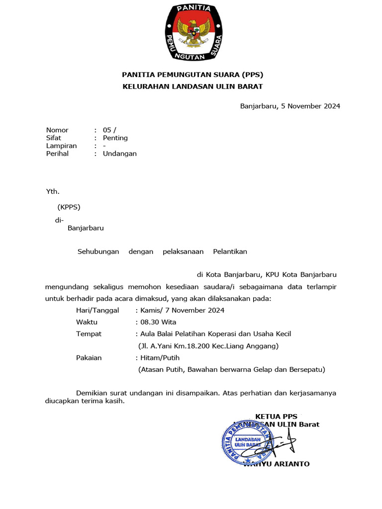 Undangan Pelantikan Khusus KPPS | PDF
