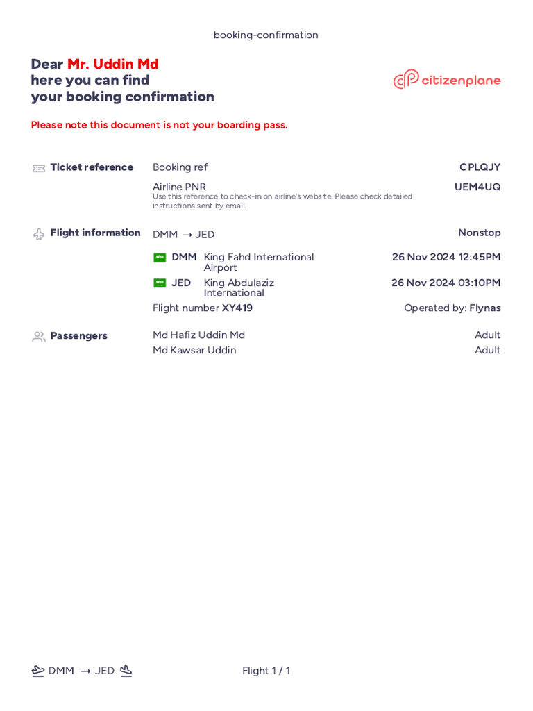 booking-confirmation-uddin md-CPLQJY | PDF