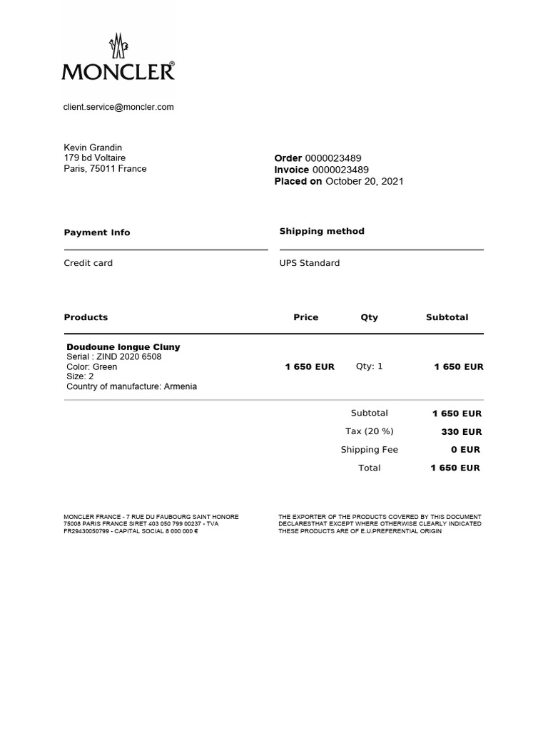 Facture MONCLER | PDF
