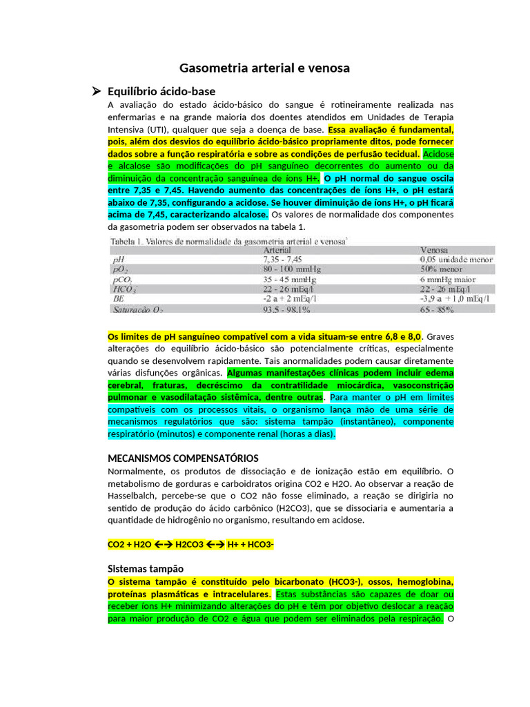 Gasometria Arterial e Venosa | PDF | Medicina Clínica | Fisiologia