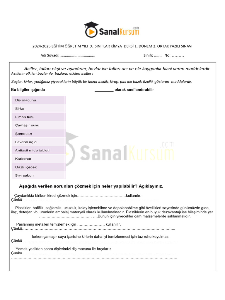 9.sinif Kimya 1. Donem 2. Yazili Ornek Sorulari | PDF