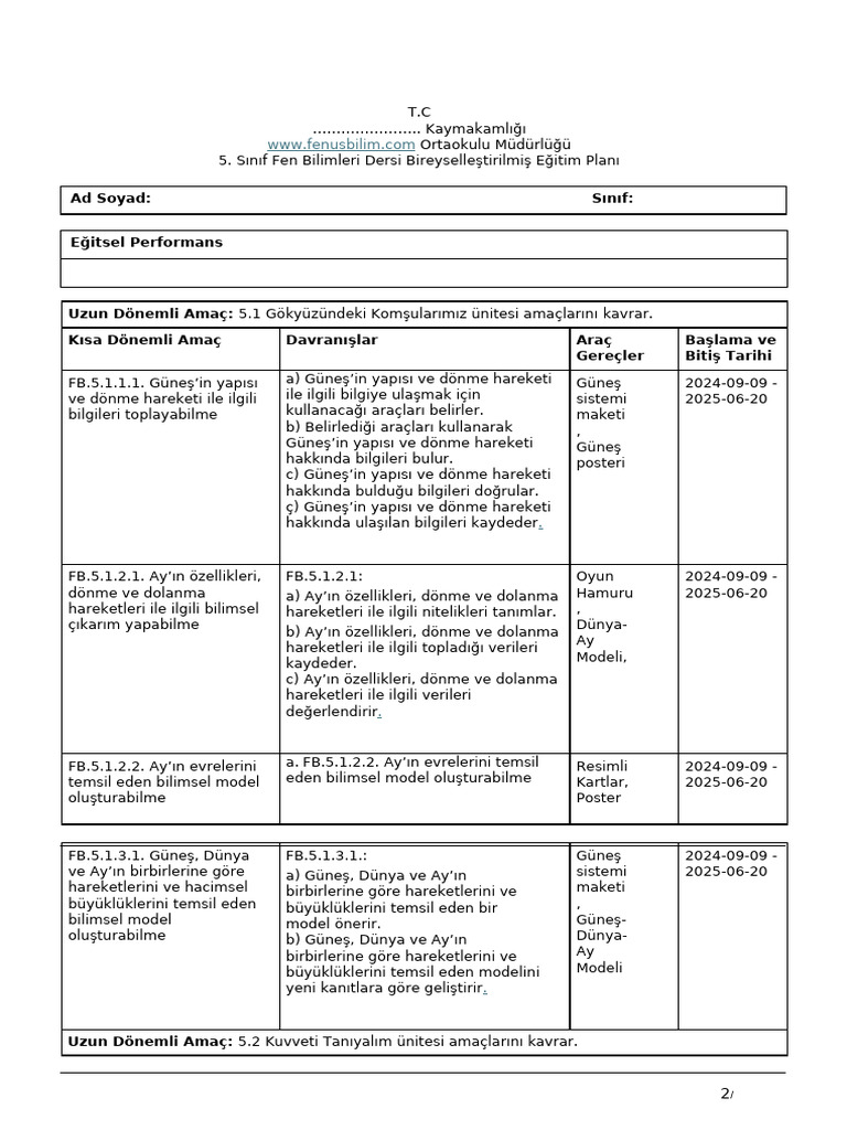 5.-Sinif-Bep-Plani-www.fenusbilim.com_ | PDF