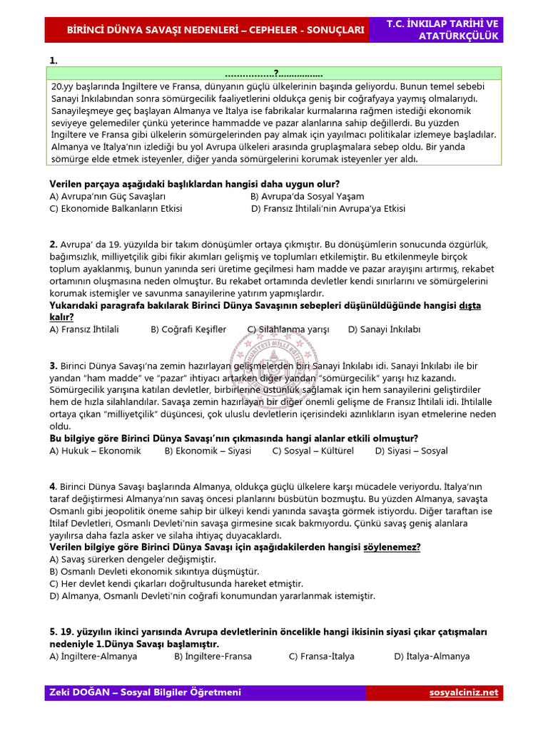 Birinci Dunya Savasi Test | PDF