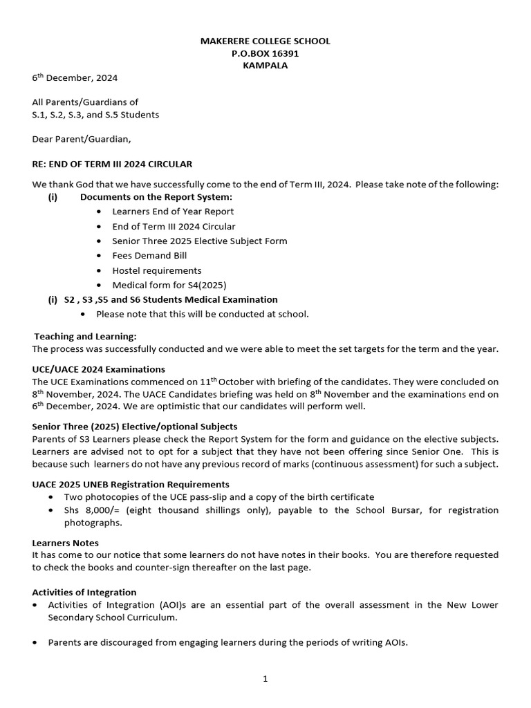 End of Term III 2024 Circular to Parents | PDF