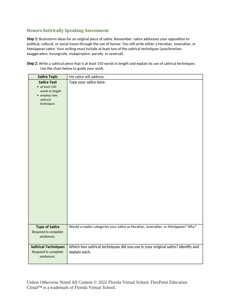 Satirically Speaking Rubric | PDF | Satire | Human Communication