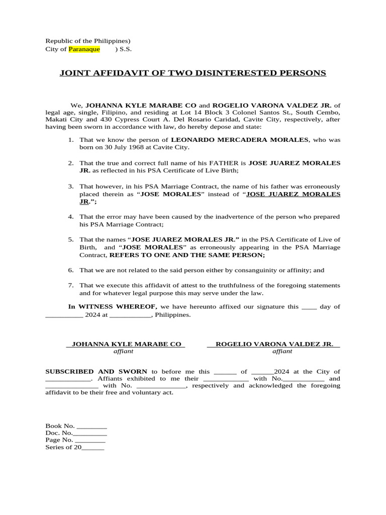 Joint Affidavit of Disinterested Persons | PDF