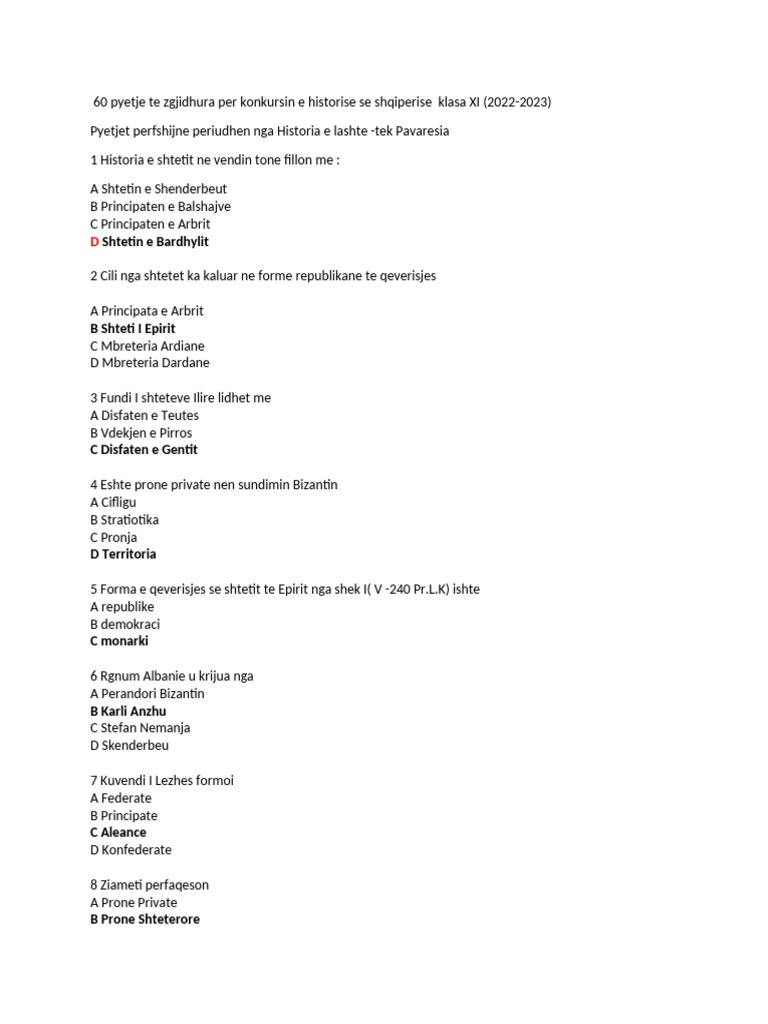 40 Pyetje Per Konkursin e Historise Se Shqiperise Klasa XI | PDF