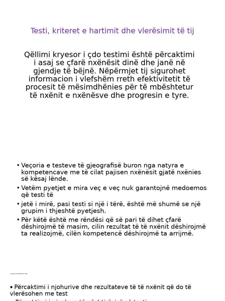 Testi, Kriteret e Hartimit Dhe Vlerësimit Të Tij | PDF