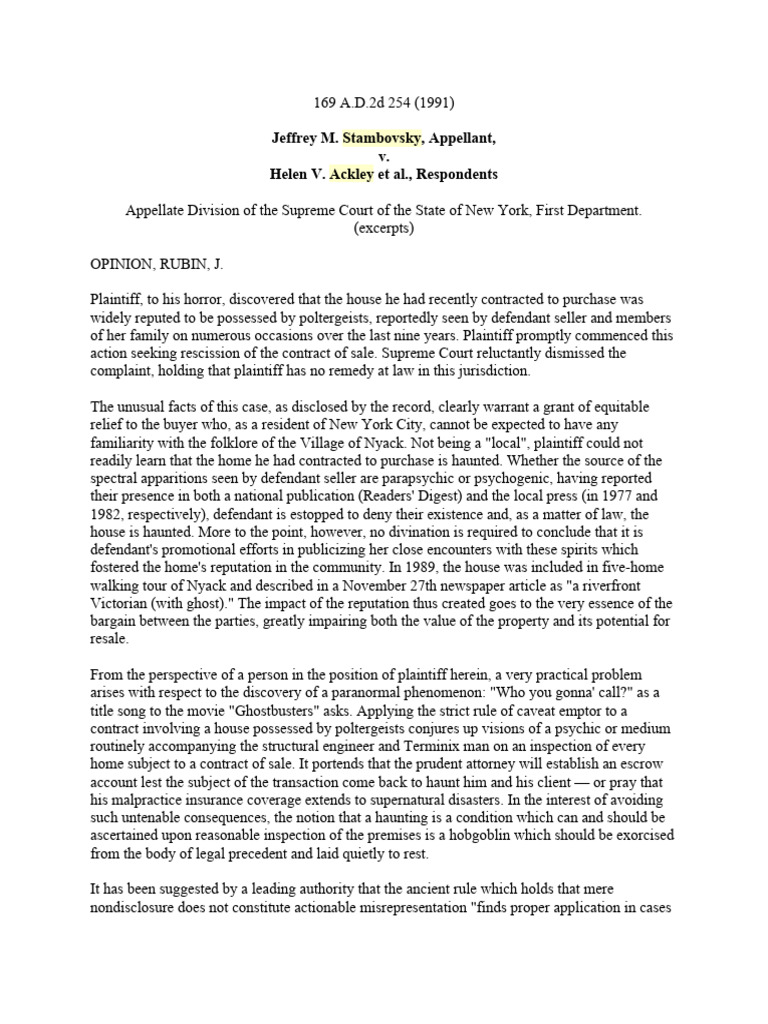 Stambovsky v. Ackley, 1991 | PDF | Private Law | Common Law