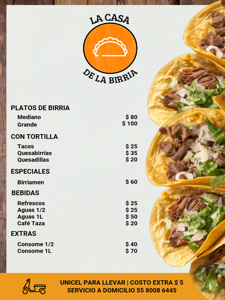 Menú de Birria: Tacos y Bebidas | PDF