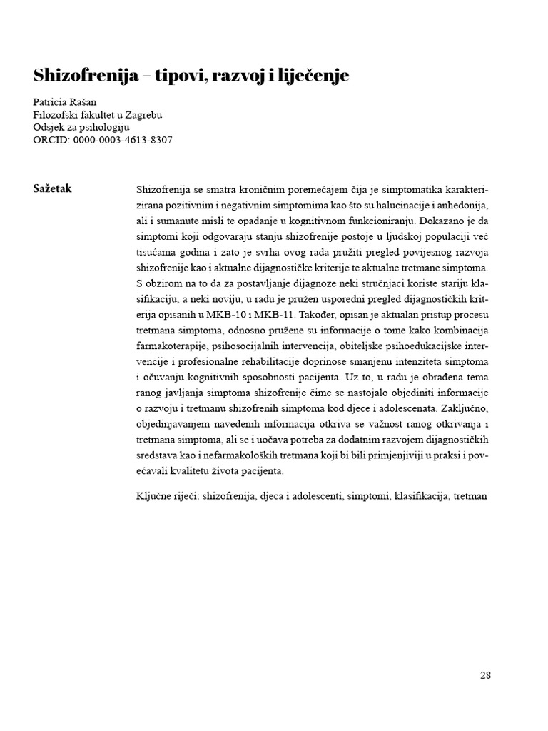 Shizofrenija - Tipovi, Razvoj I Liječenje: Sažetak | PDF