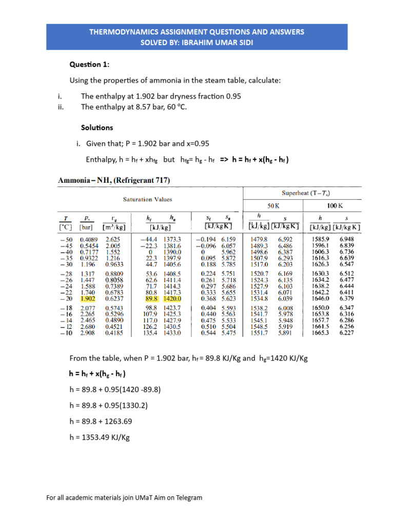 Thermodynamics Last Assignment Question and Answers | PDF | Steam | Enthalpy