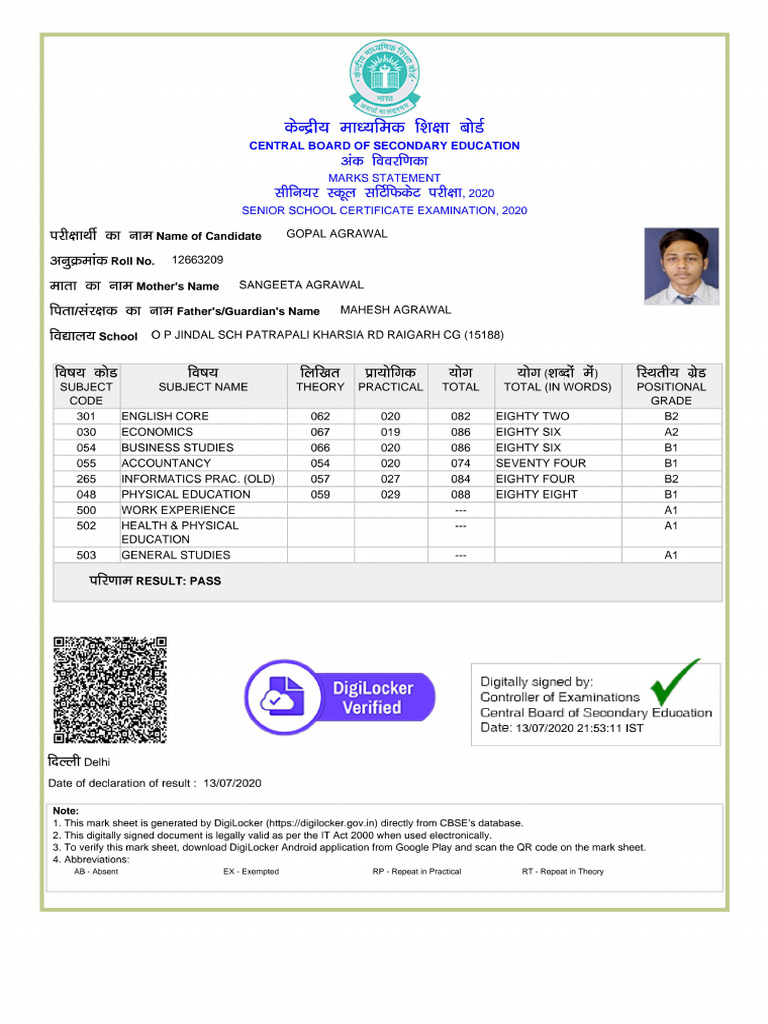 Class 12th Marksheet | PDF