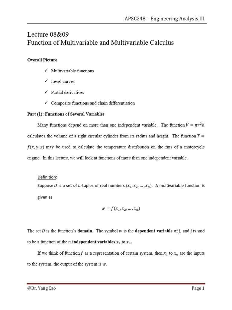 Lecture 08 and 09 - Function of Multivariables and Multivariable Calculus | PDF | Multivariable ...