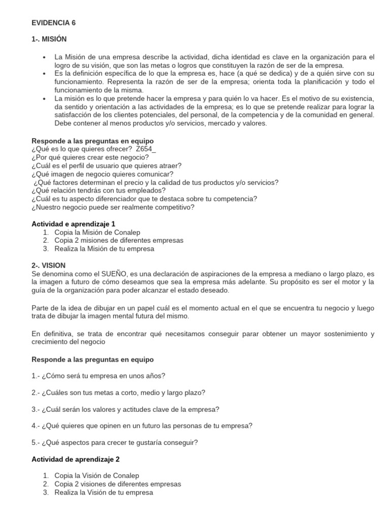 EVIDENCIA 6 Mision Visin | PDF | Business | Aprendizaje