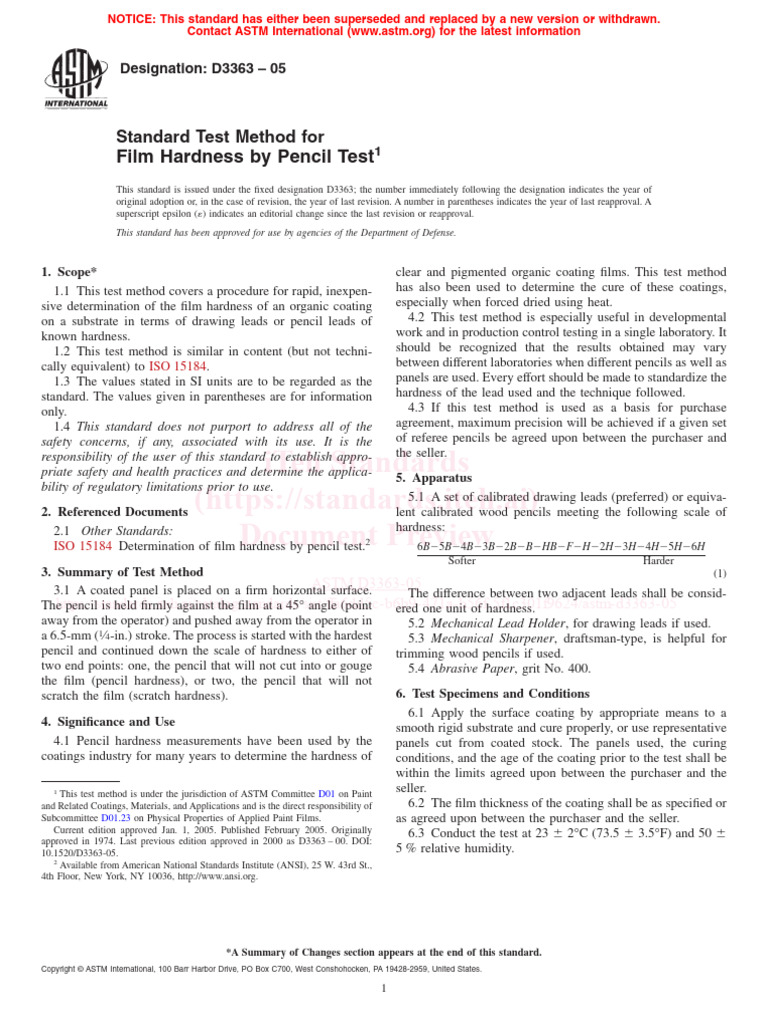 ASTM-D3363-05 | PDF | Pencil | Hardness
