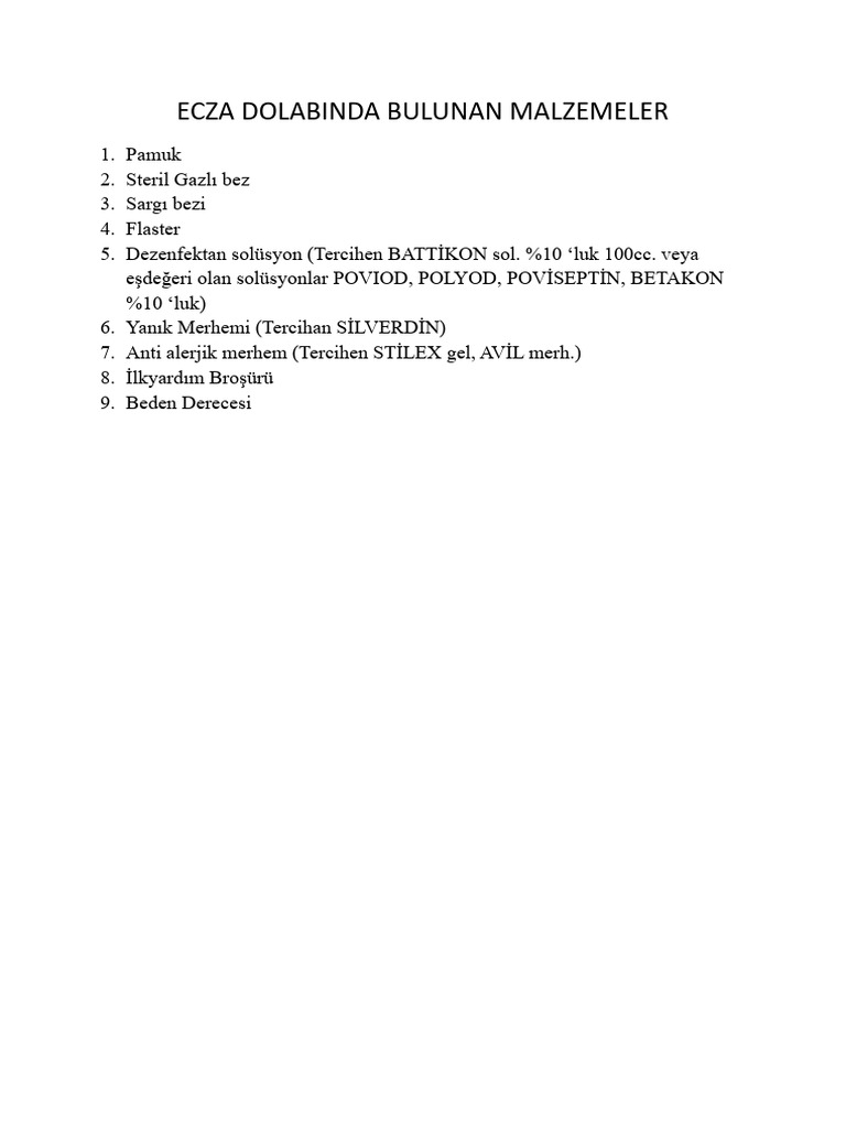 Ecza Dolabinda Bulunan Malzemeler | PDF